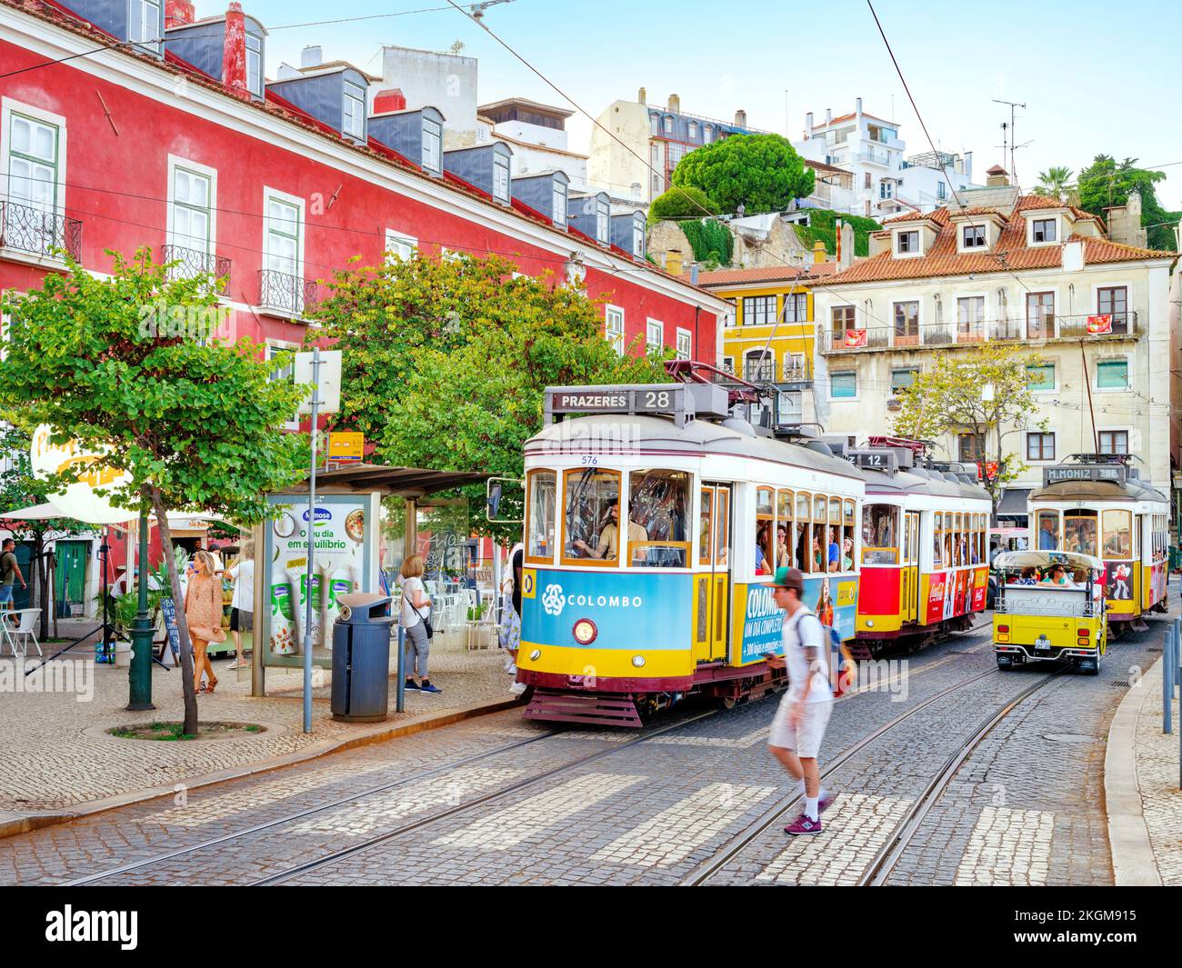 Hist—ric Alfama District , Street Scene with yellow Vintage Tram Number ...