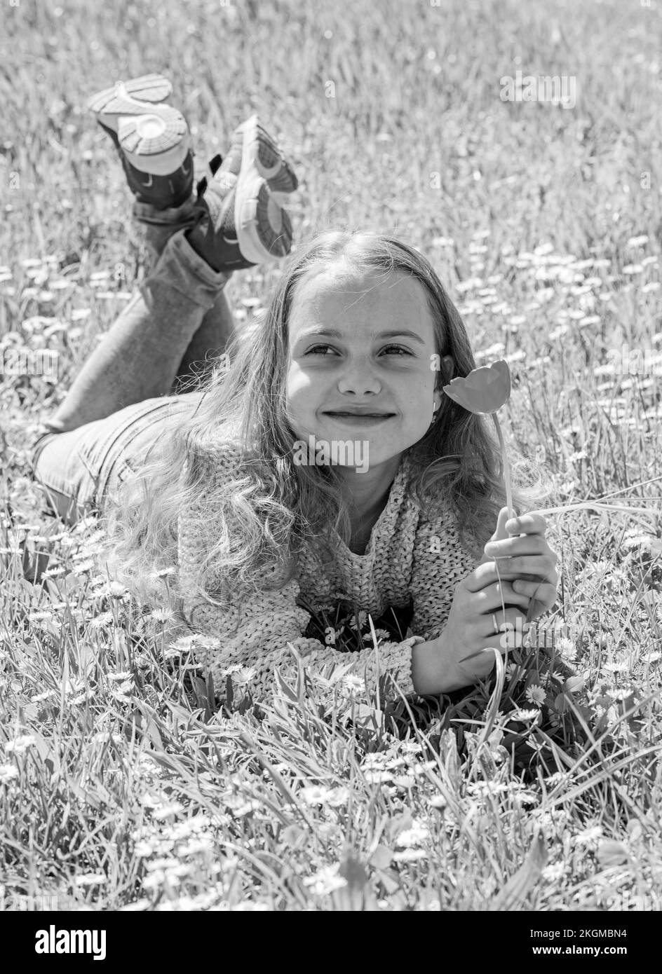 Girl with long hair lying on grassplot, grass background. Spring mood ...