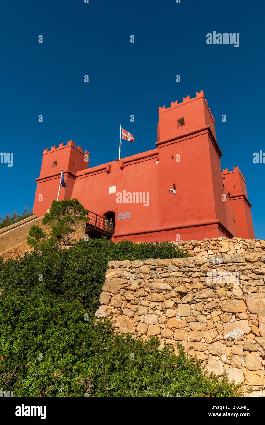 The red tower in Malta, known as St Agatha’s Tower. Popular tourist ...