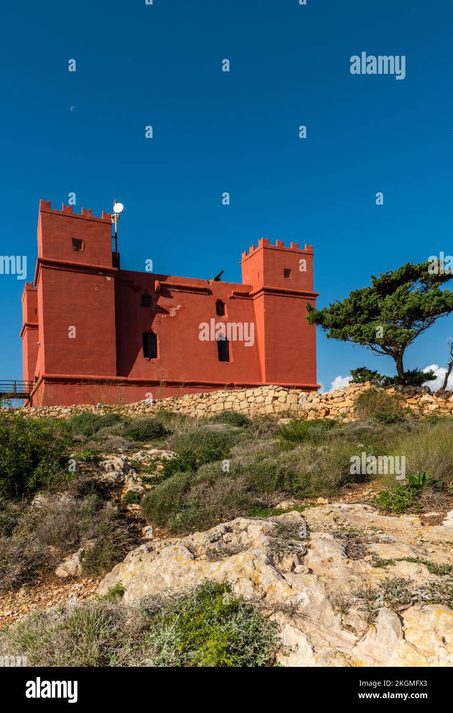The red tower in Malta or St Agatha’s Tower. Blue sky on sunny day, no ...