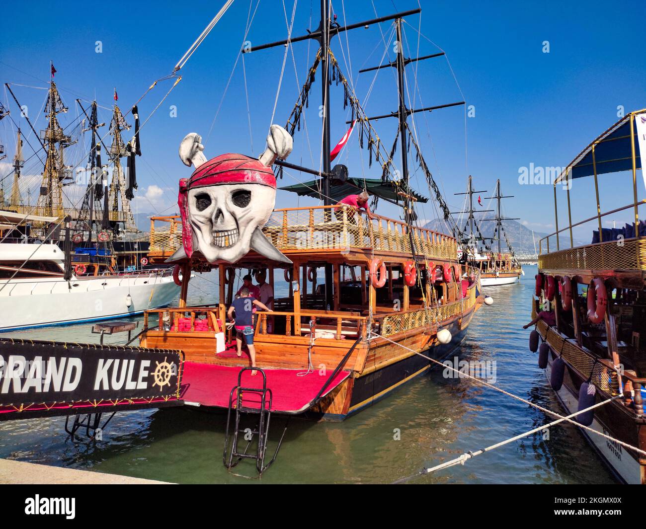A luxury pirate ship themed yacht for rent in the Alanya harbor Stock ...