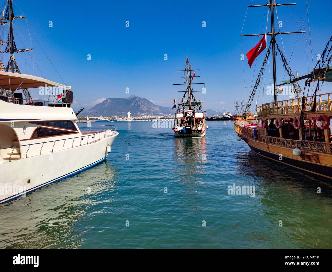 A luxury yacht for rent in the Alanya harbor Stock Photo - Alamy