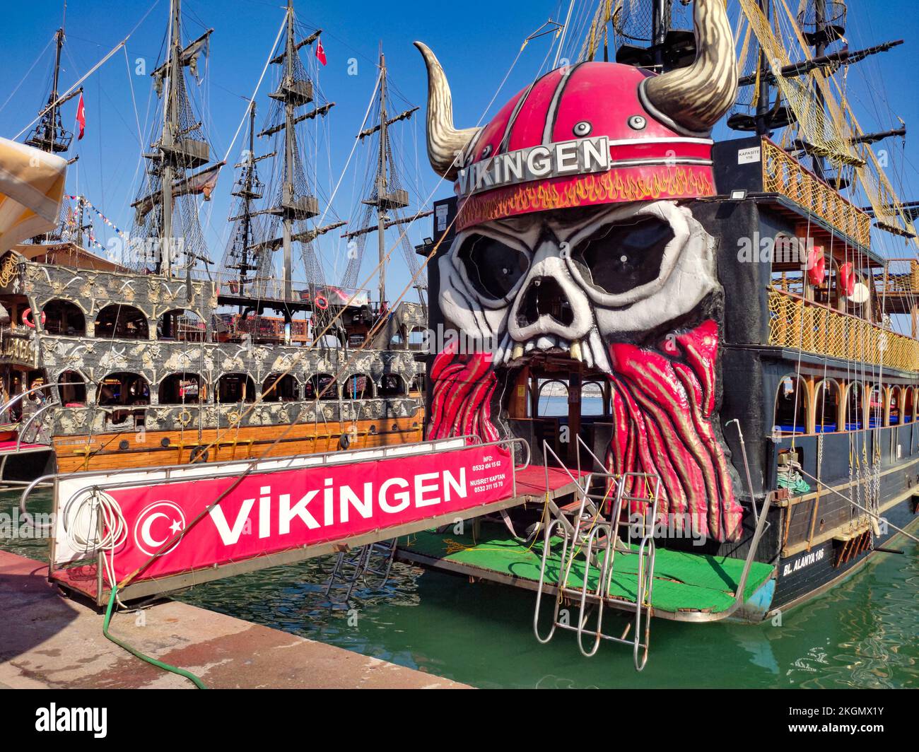 A luxury pirate ship themed yacht for rent in the Alanya harbor Stock ...