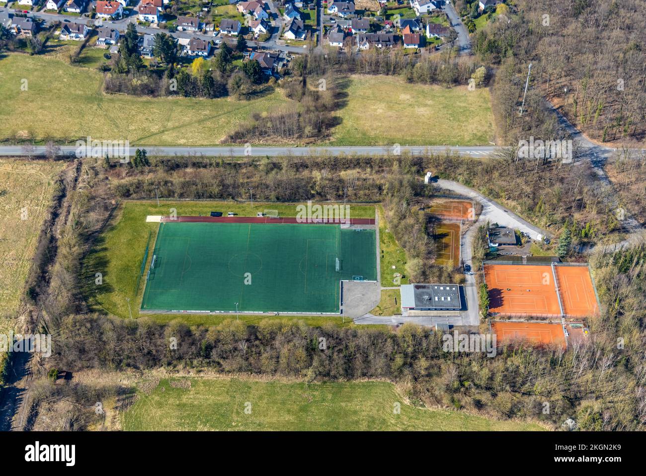 Aerial view, soccer field SV 1919 Herdringen and tennis courts in ...