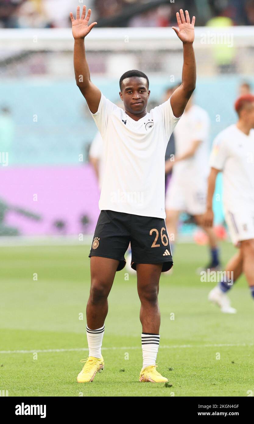 Doha, Qatar. 23rd Nov, 2022. Youssoufa Moukoko of Germany warms up ...