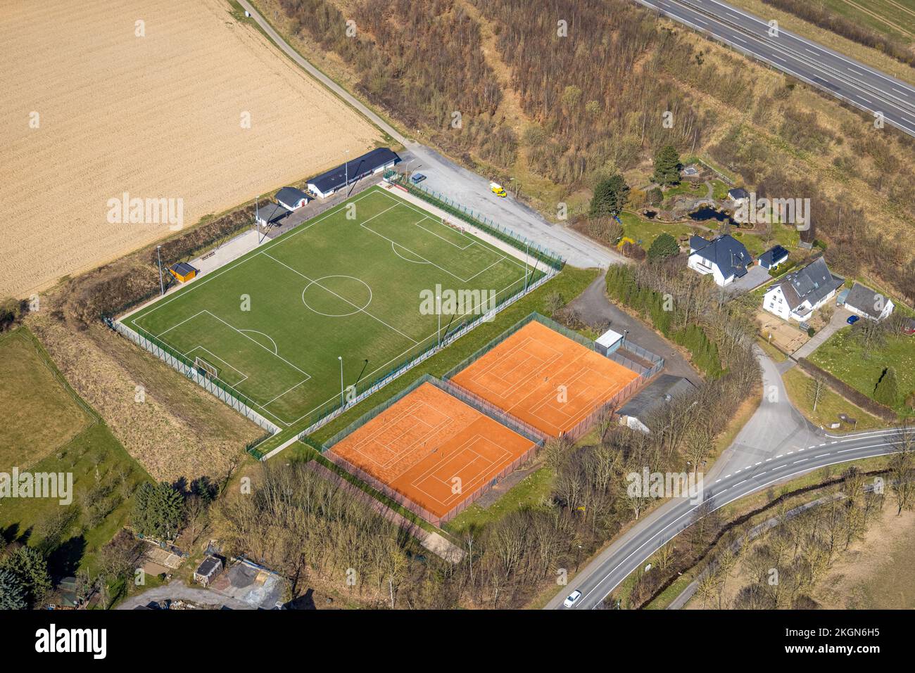 Aerial view, soccer field and tennis courts Im Windfirkel in Rumbeck ...