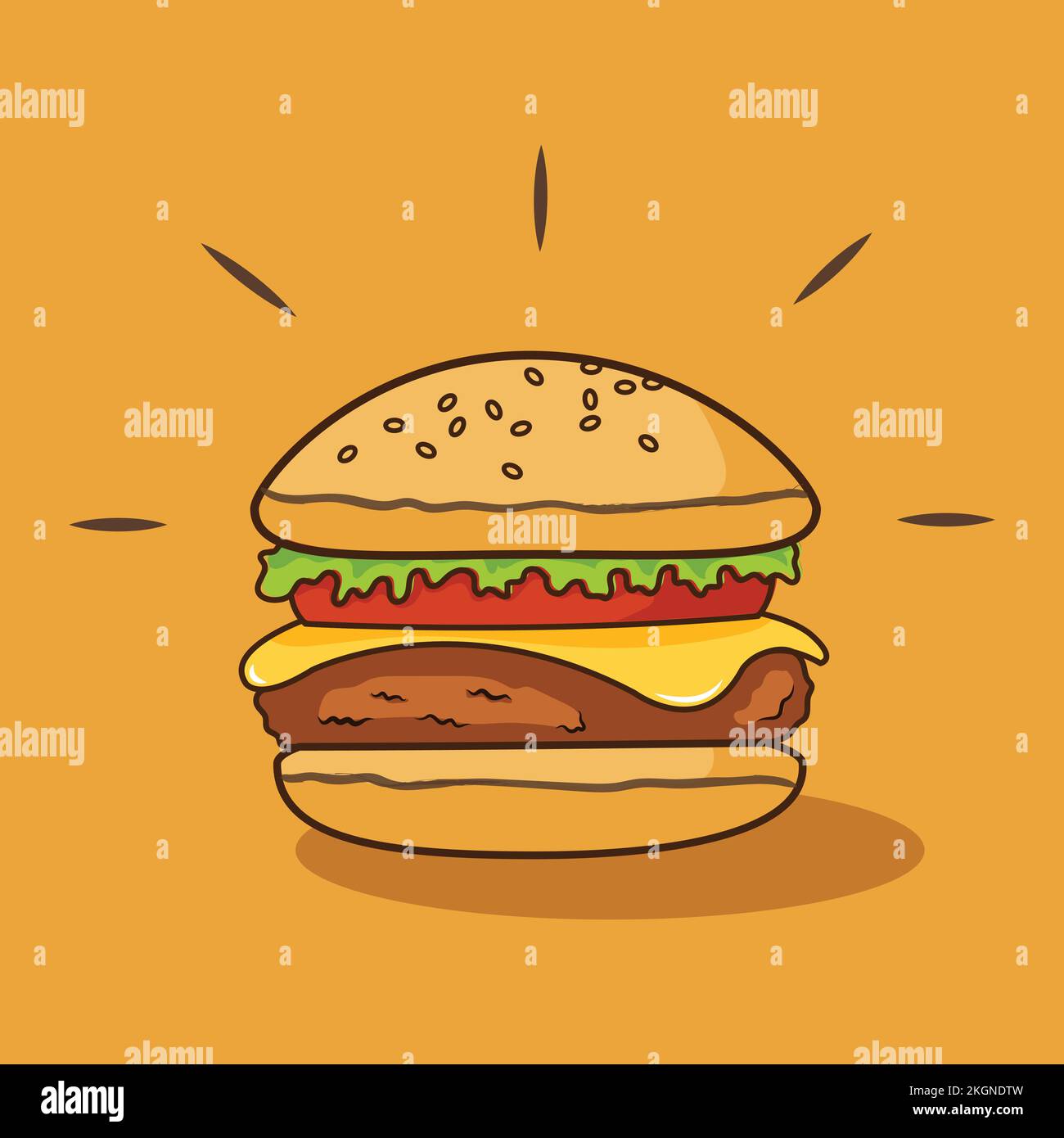 Burger flat art illustration, Burger with cheese, tomato, and lettuce ...