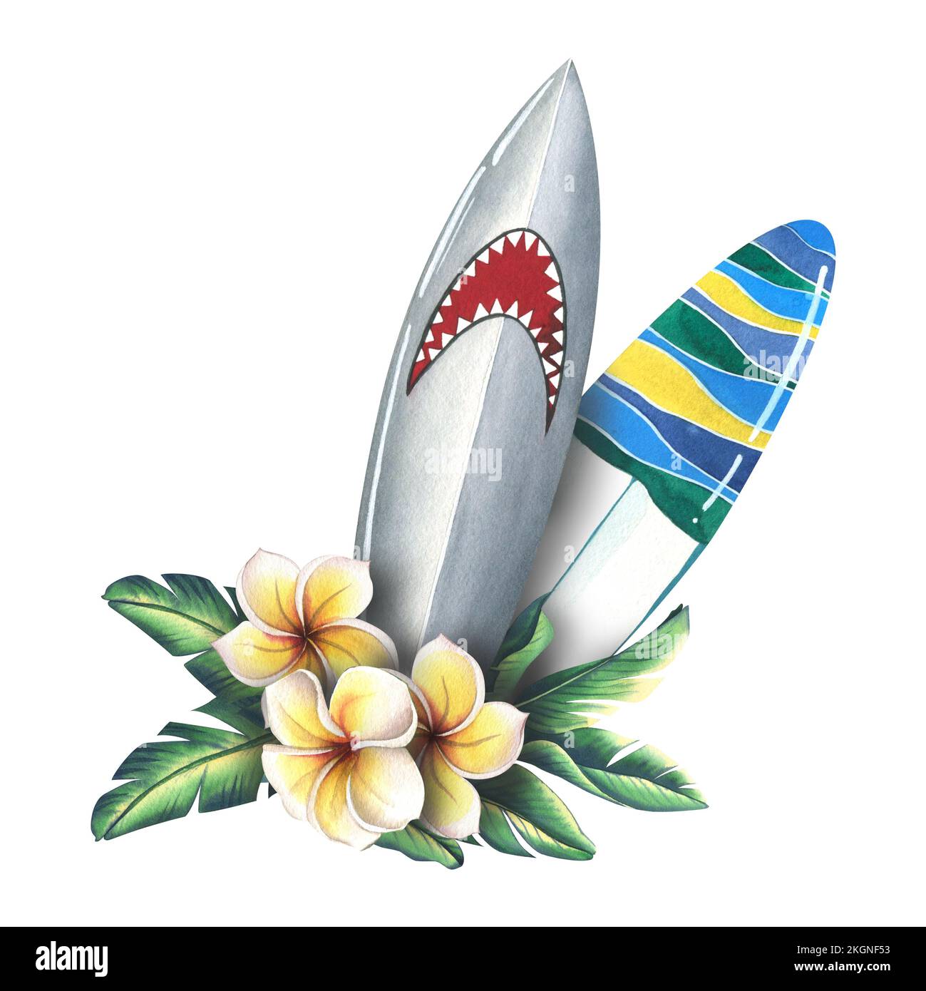 Surfboards with shark pattern and striped print in plumeria colors and ...