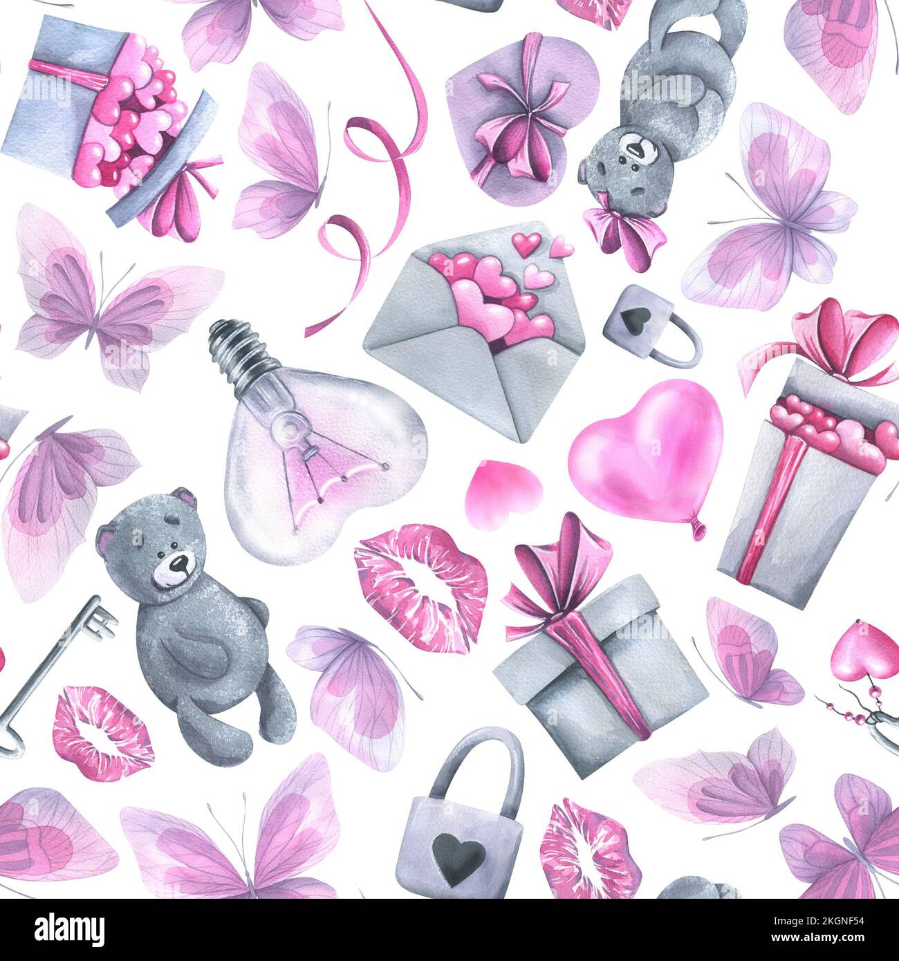 Gifts, boxes, bow, toy bears, butterflies, kisses, hearts on a white ...