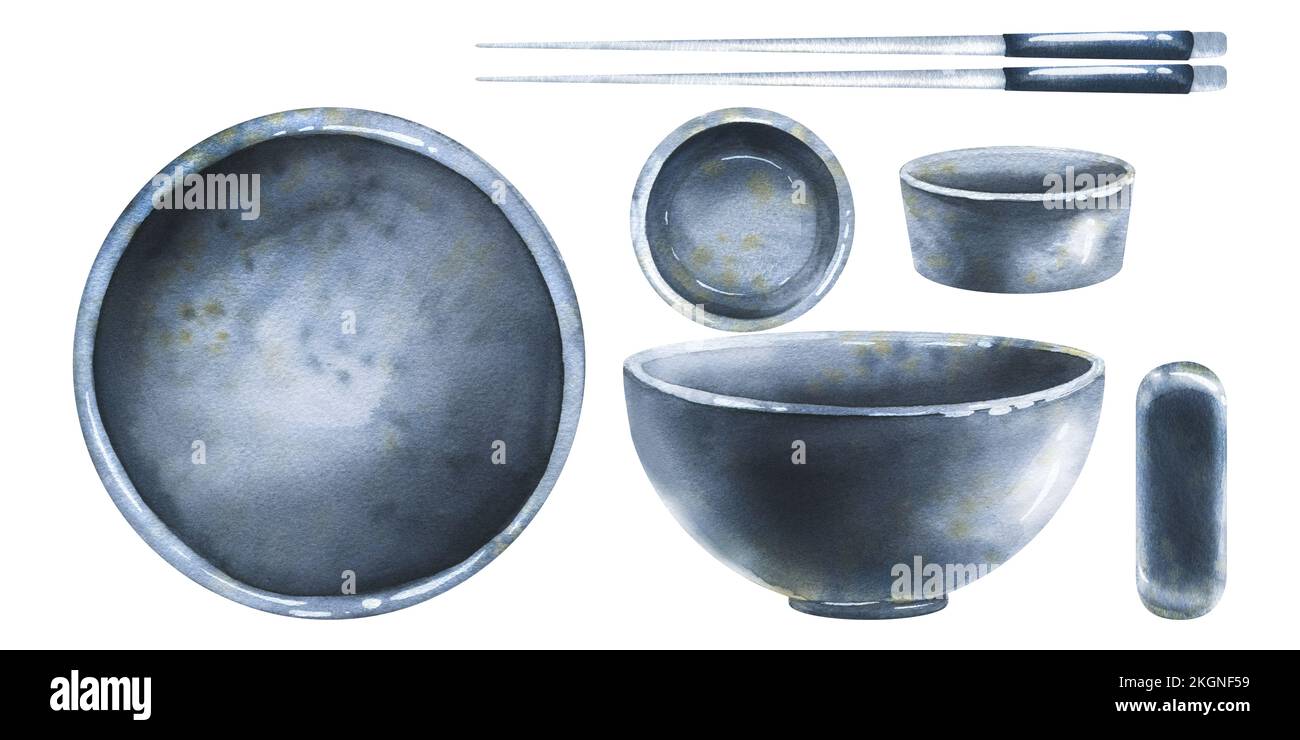 A set of ceramic dishes, a bowl, a saucepan, chopsticks, a stand top ...