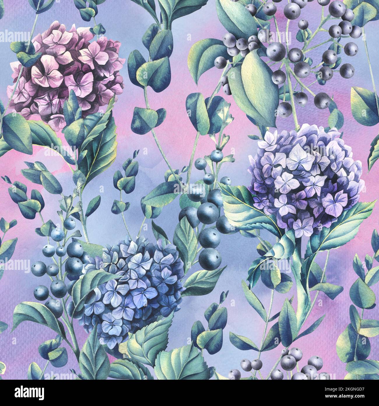 Hydrangea flowers of blue, lilac and pink flowers with eucalyptus ...