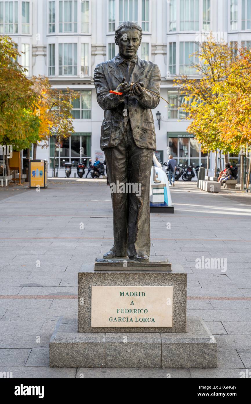 Statue of the Spanish poet Federico Garcia Lorca in Plaza de Santa Ana ...