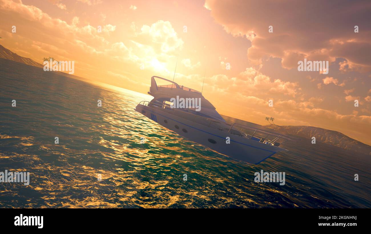 Luxury Motor Yacht on the ocean at sunset. Extremely detailed and ...