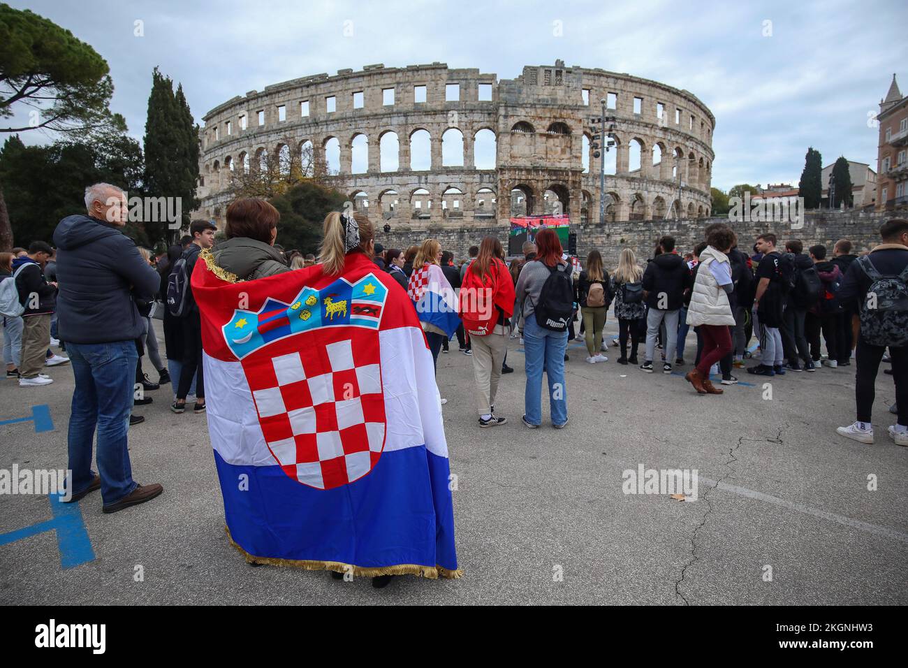 Pula, Croatia. 23rd Nov, 2022. Football fans in front of the Pula Arena ...