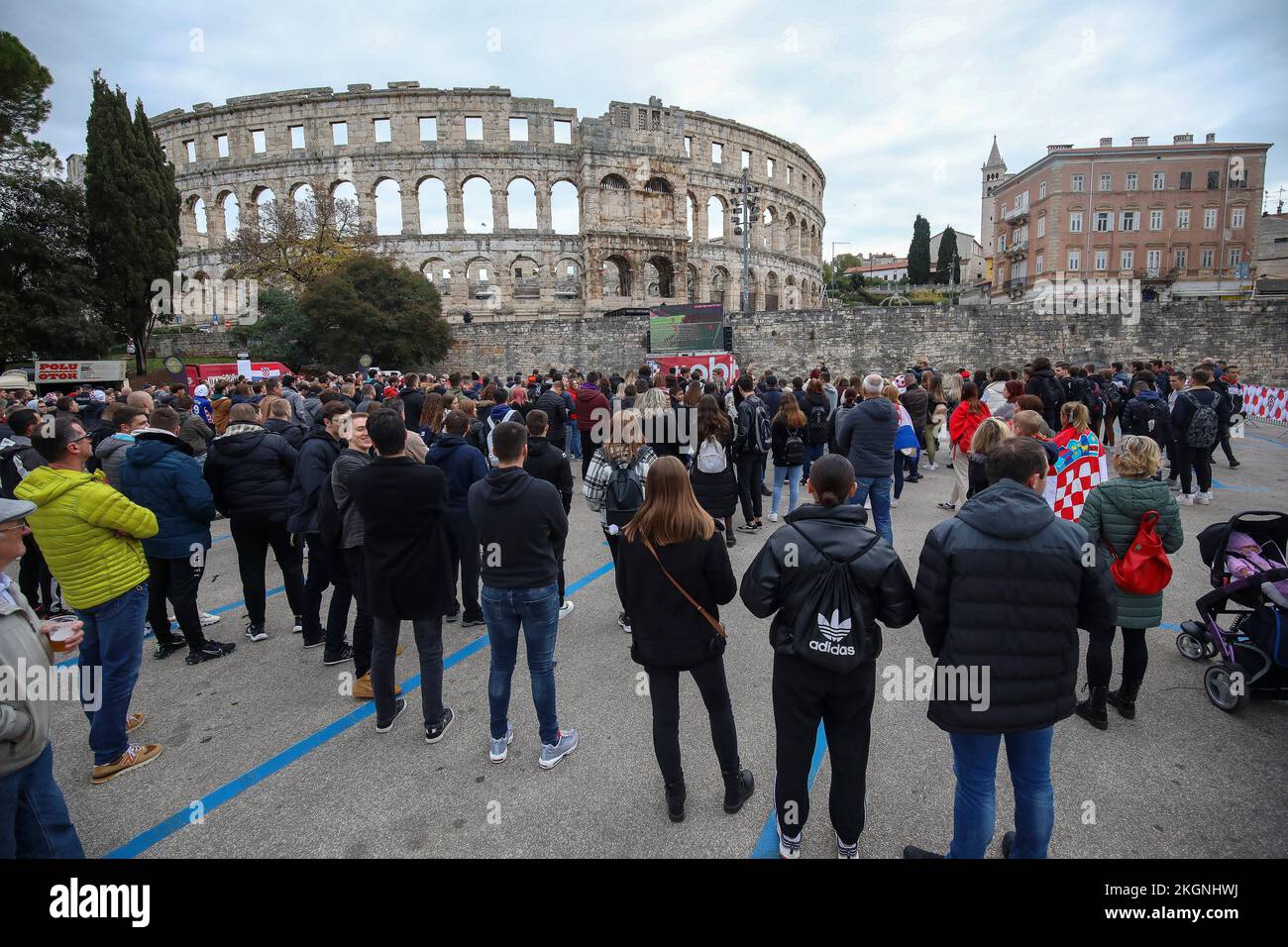 Pula, Croatia. 23rd Nov, 2022. Football fans in front of the Pula Arena ...