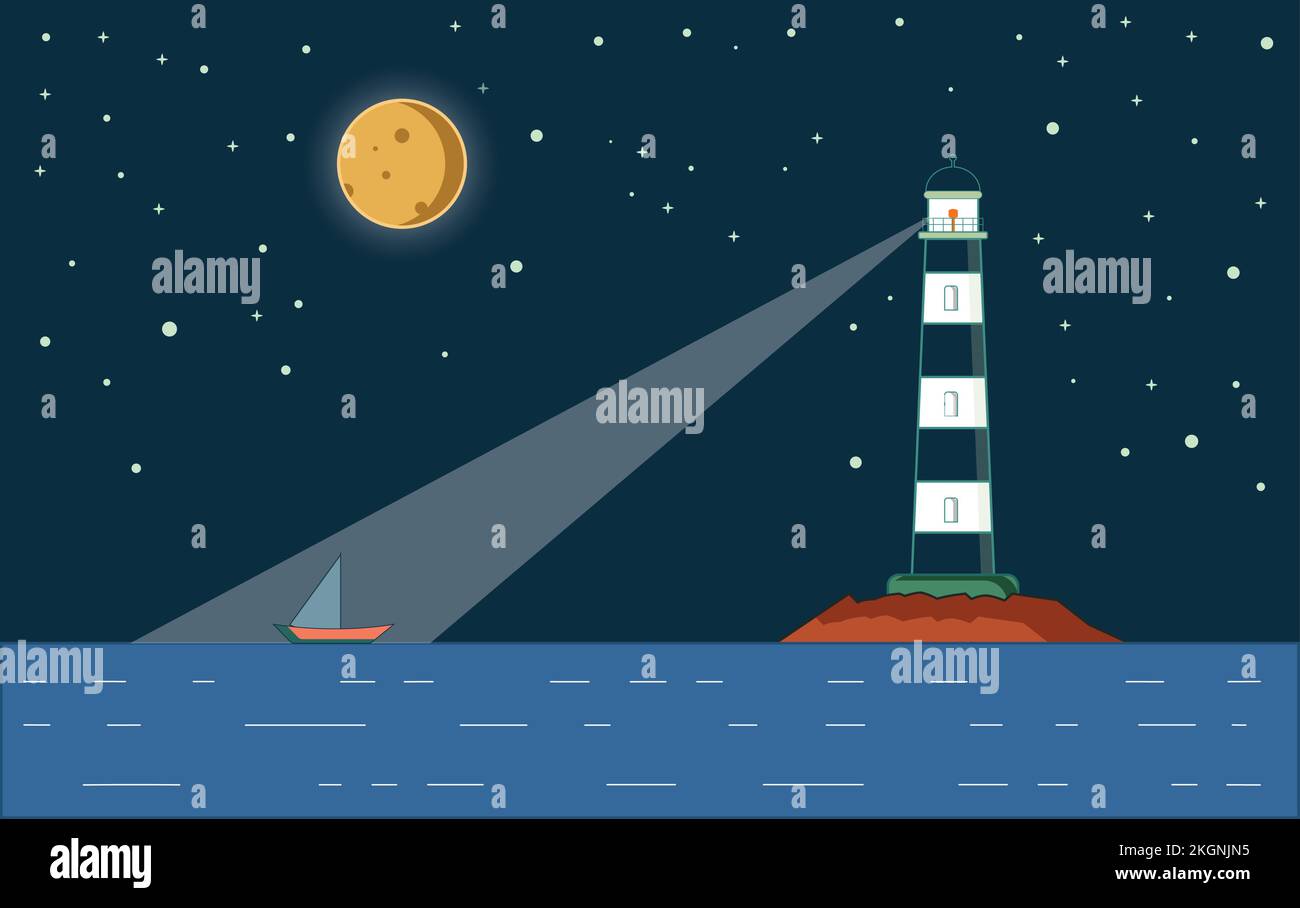 Lighthouse landscape illustration at night time, the lighthouse on the ...