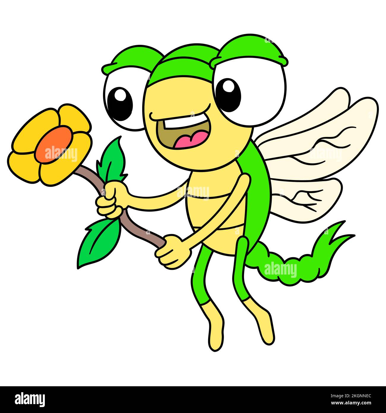 A vector illustration of a bug cartoon character holding a flower ...