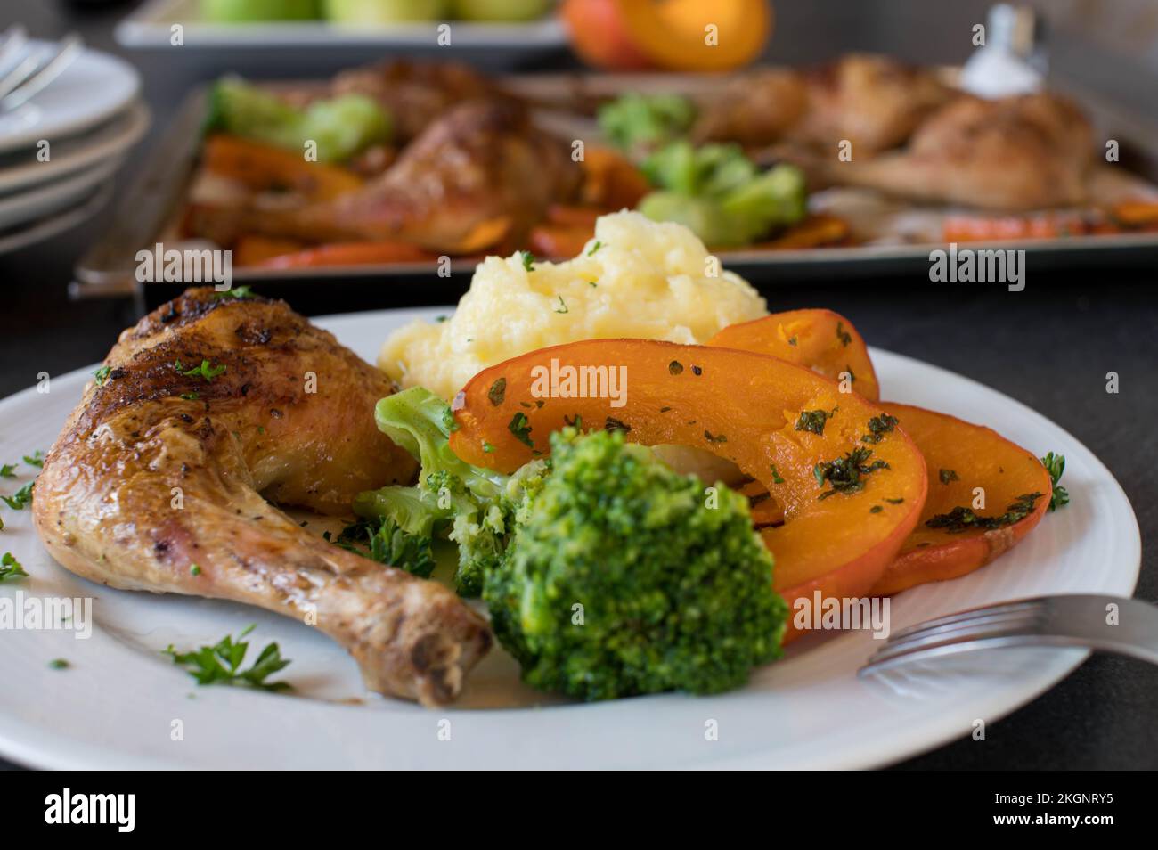 Plate with chicken, red kuri squat and mashed potatoes on kitchen table ...