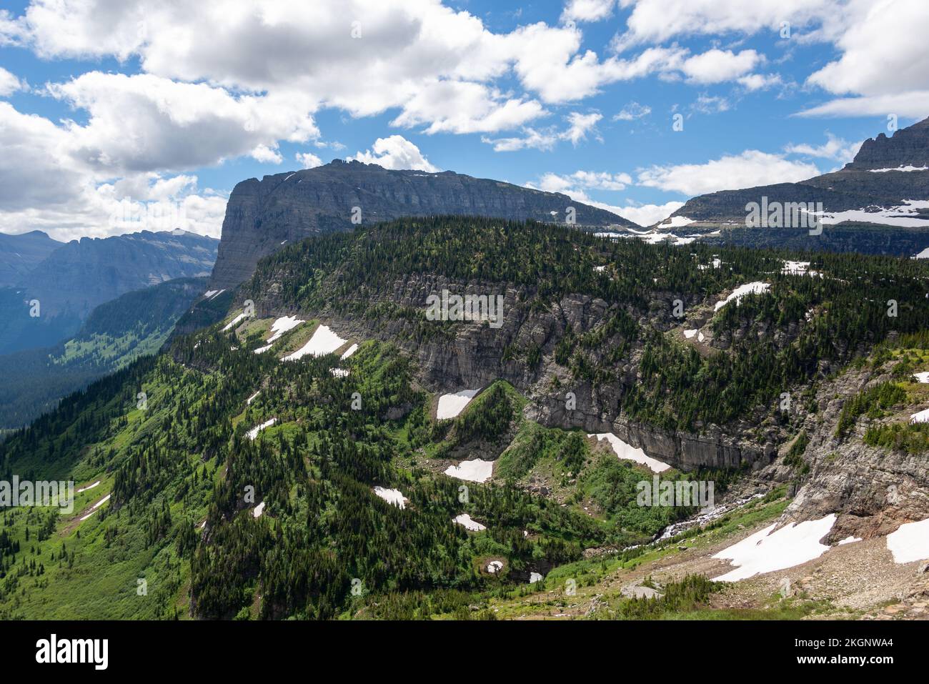 The scenic view of the green slopes in Glacier National Park on a sunny ...