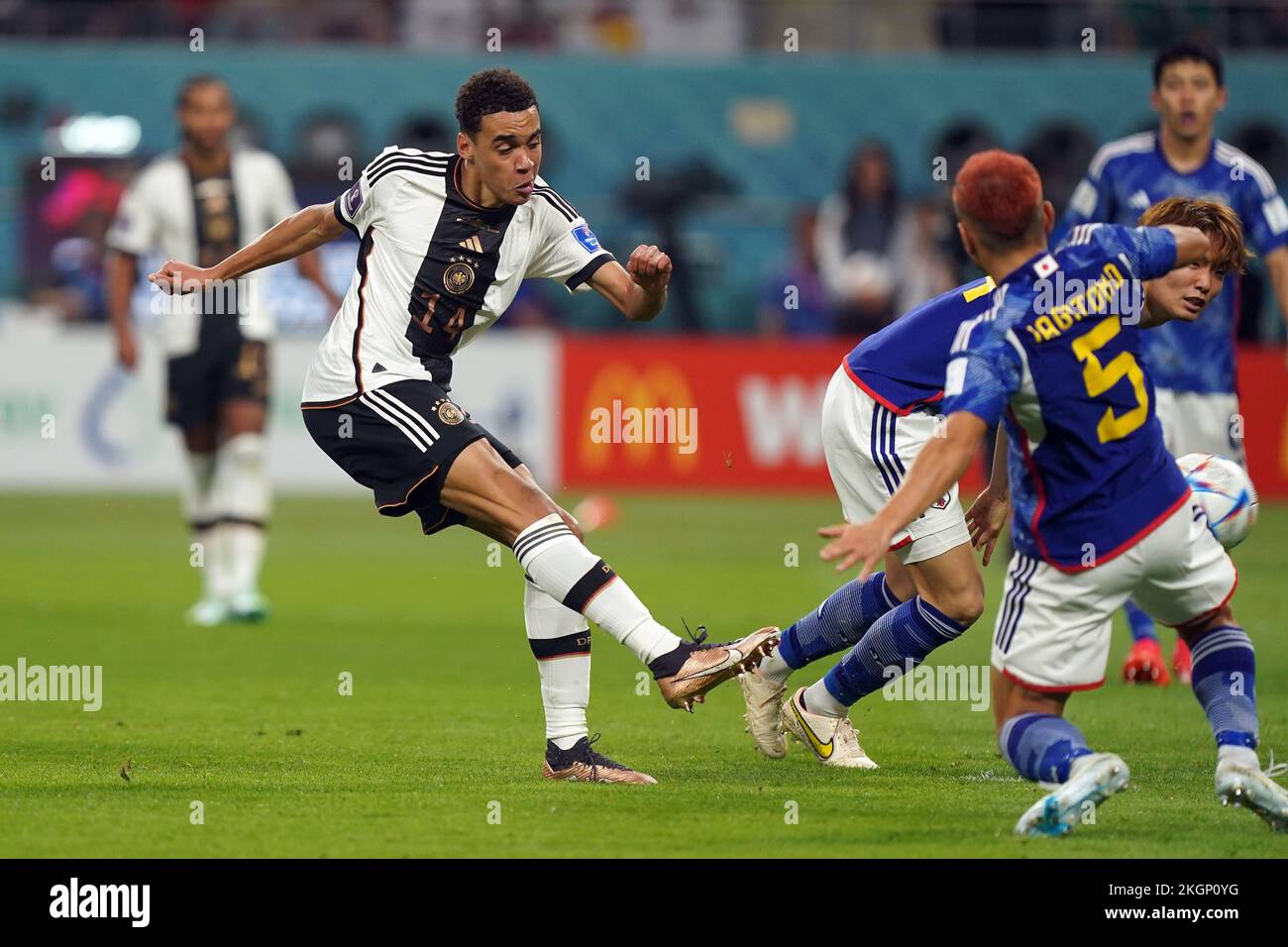 Germany's Jamal Musiala shoots under pressure during the FIFA World Cup ...