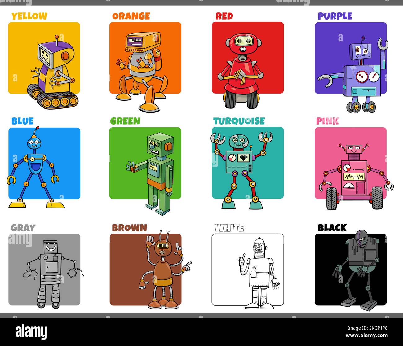 Cartoon illustration of basic colors with comic robots characters ...