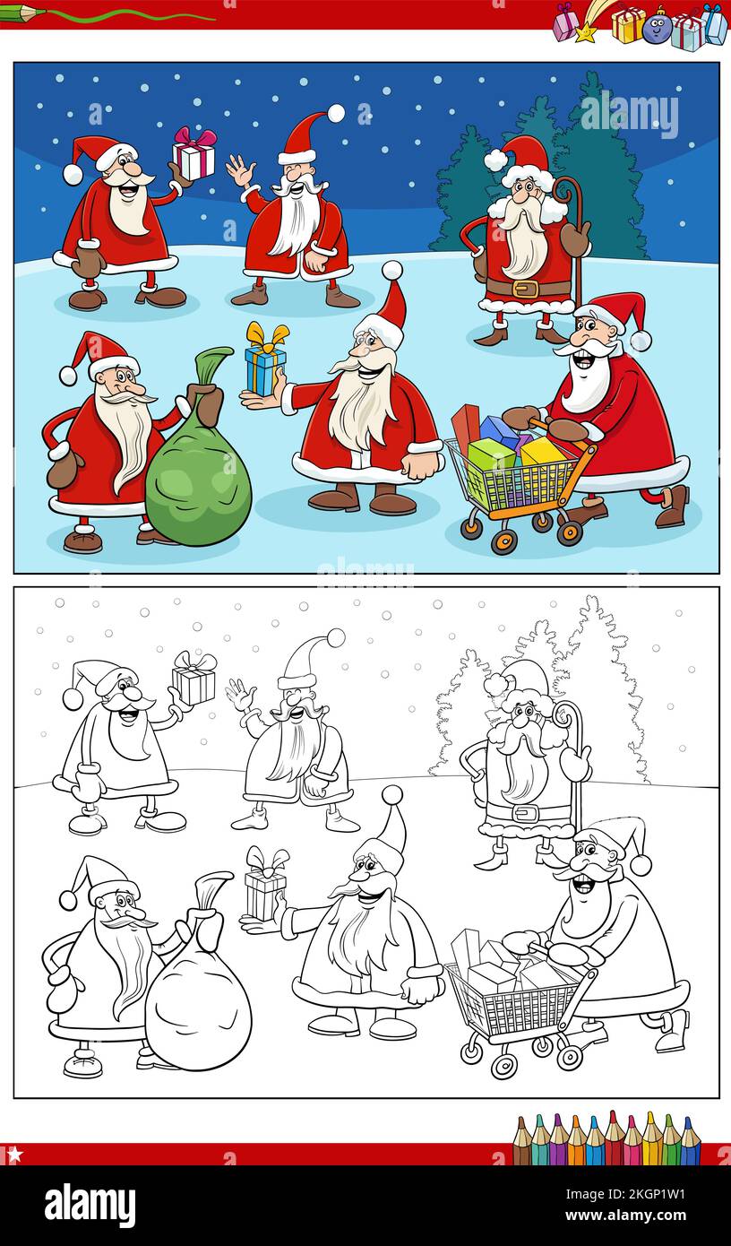 Cartoon illustration of Santa Claus characters on Christmas time ...