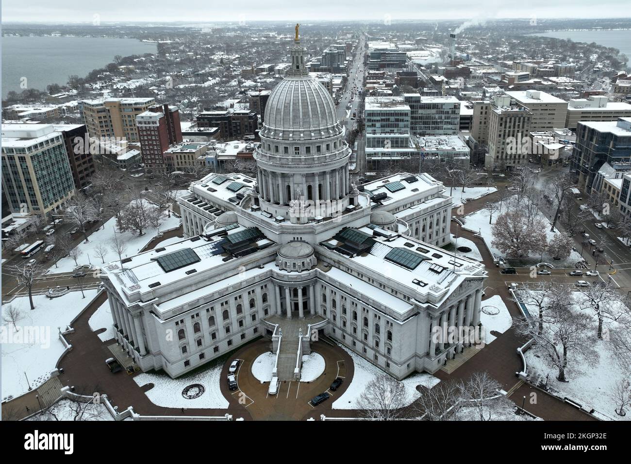 A general overall aerial view of the Wisconsin State Capitol building ...