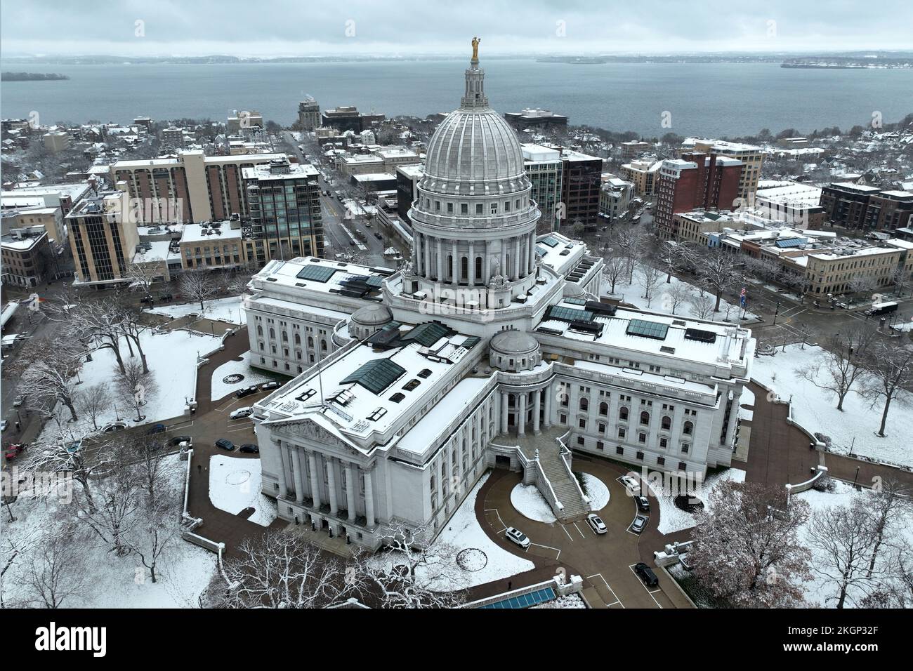 A general overall aerial view of the Wisconsin State Capitol building ...