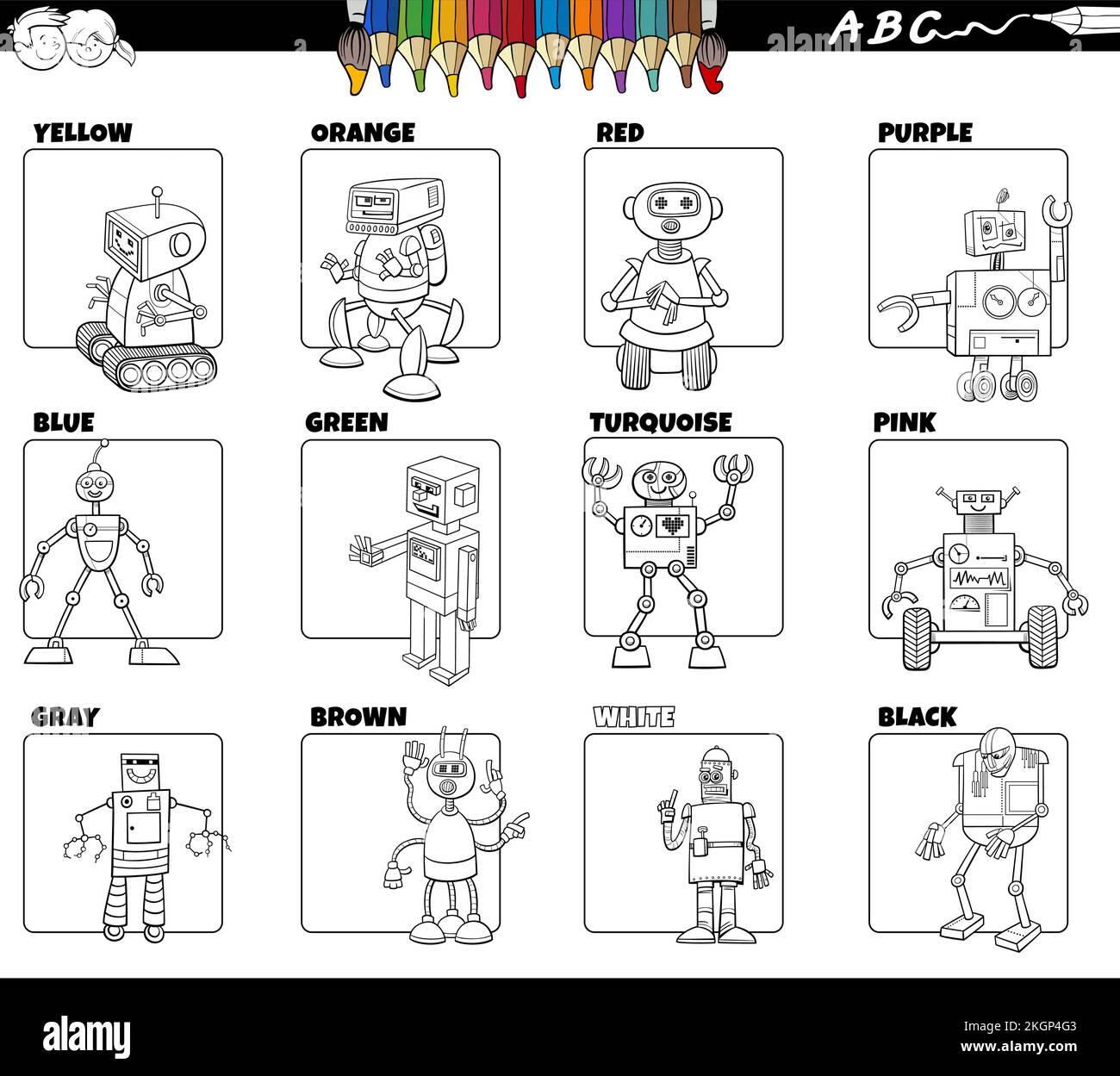 Black and white cartoon illustration of basic colors with comic robots ...