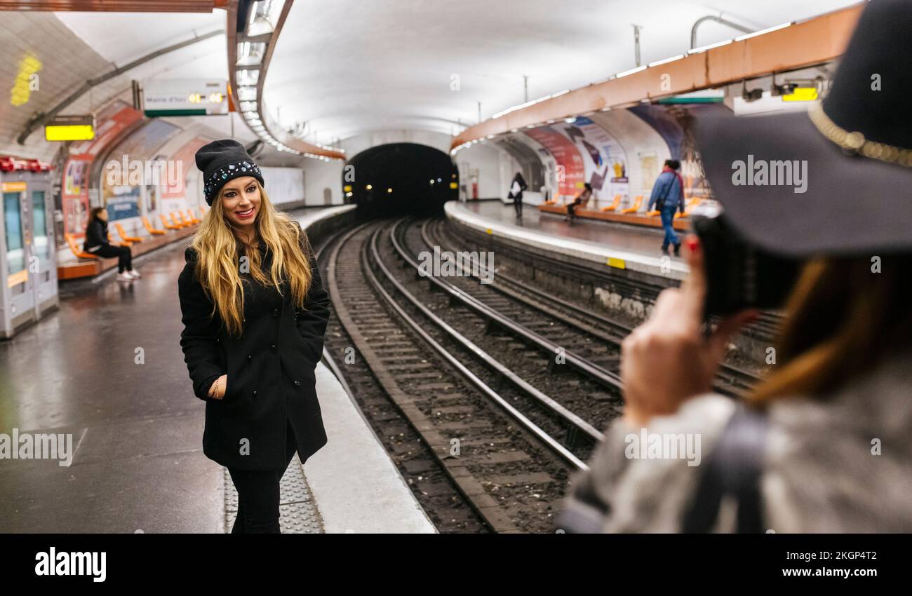 Paris, France, tourists taking picture at underground station platform ...