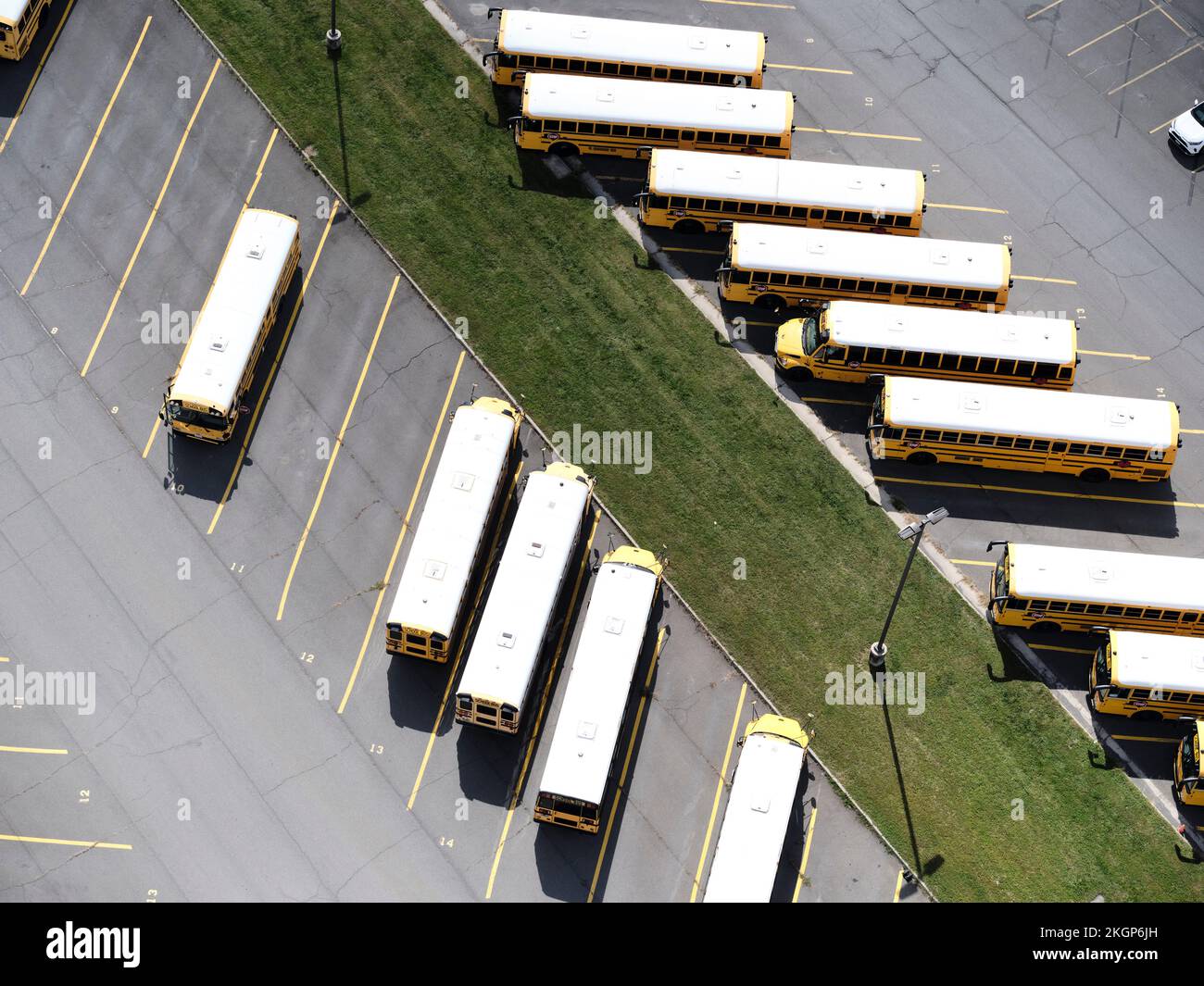 USA, Virginia, Leesburg, Aerial view of school buses in parking lot ...