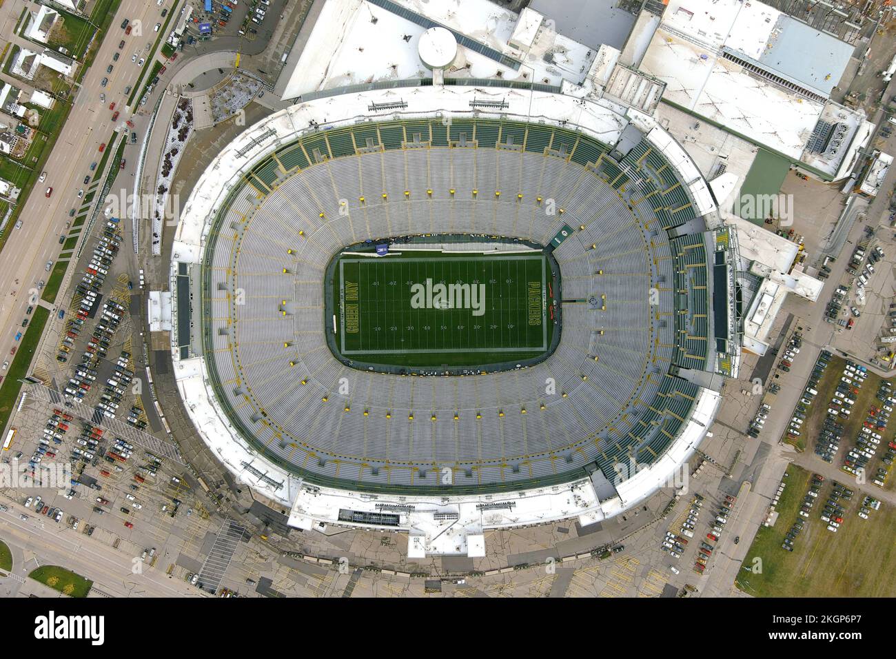 A general overall aerial view of the Green Bay Packers logo at midfield ...