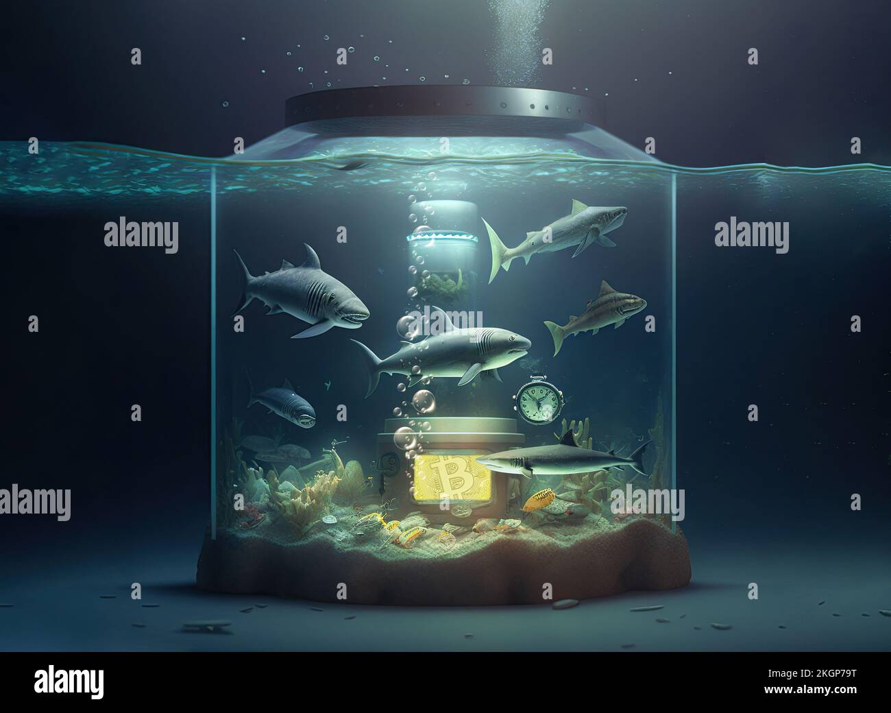 Glass tank with sharks swimming among Bitcoin and altcoin tokens of a ... Glass tank with sharks swimming among Bitcoin and altcoin tokens of a ...