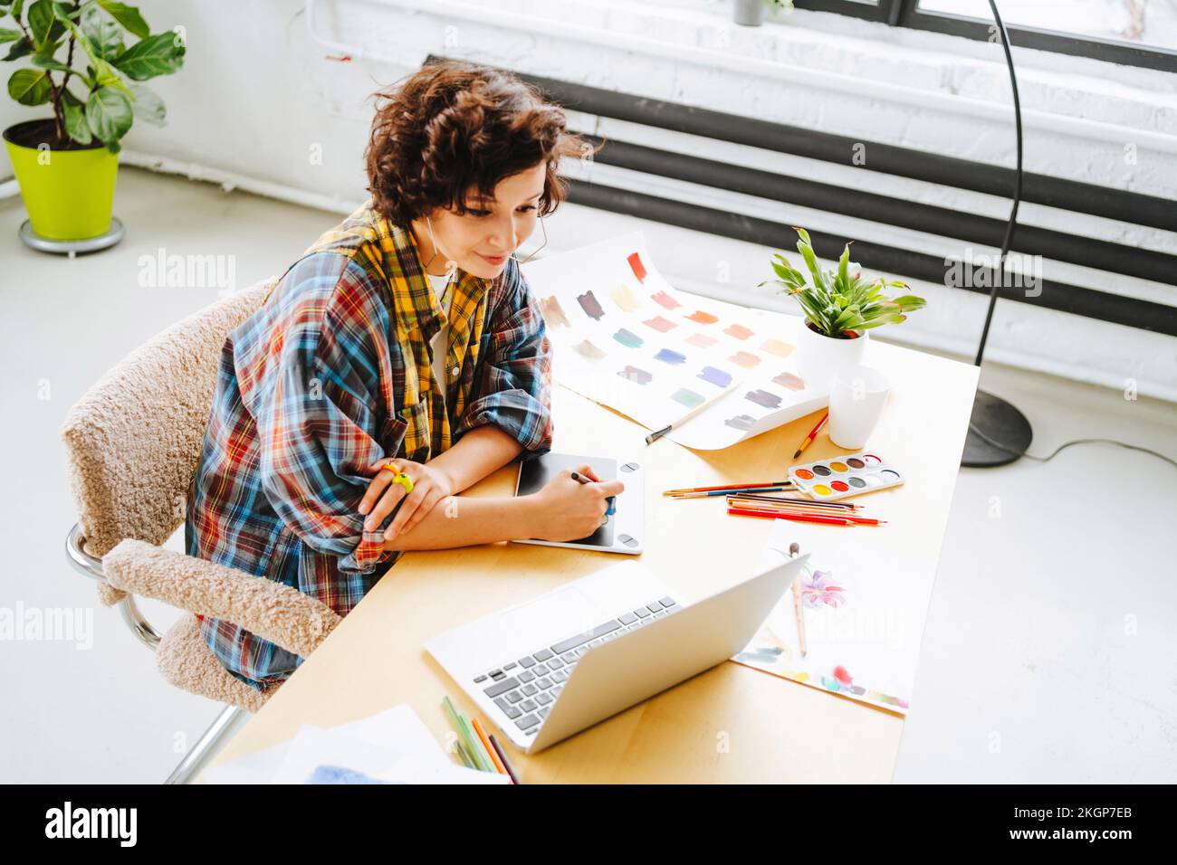 Illustrator with graphics tablet working on laptop at desk Stock Photo ...