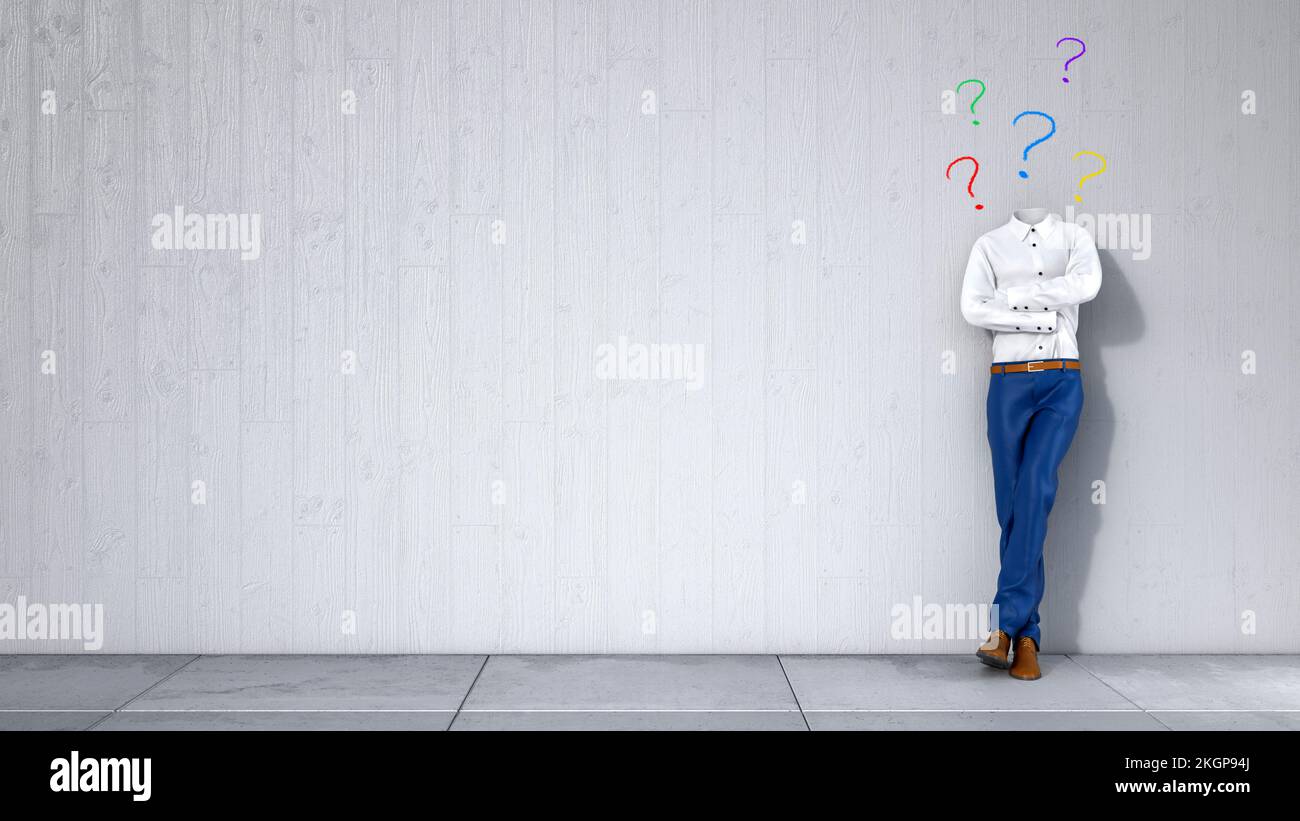 Colorful question marks over invisible person leaning on wall Stock ...