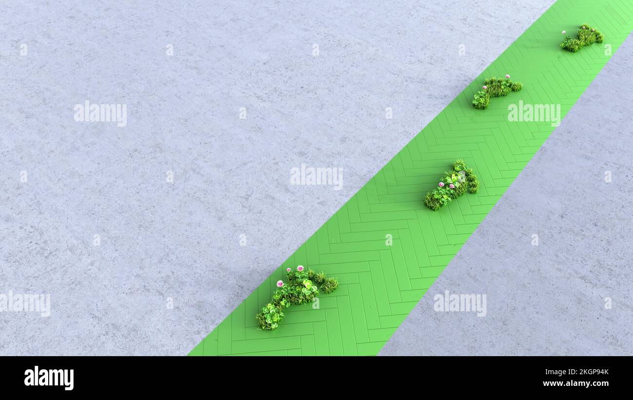 Three dimensional render of plant shaped footprints stretching along ...