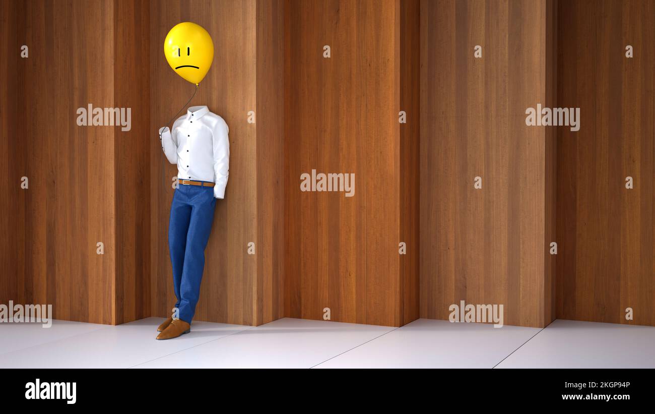Three dimensional render of invisible person holding balloon with sad ...