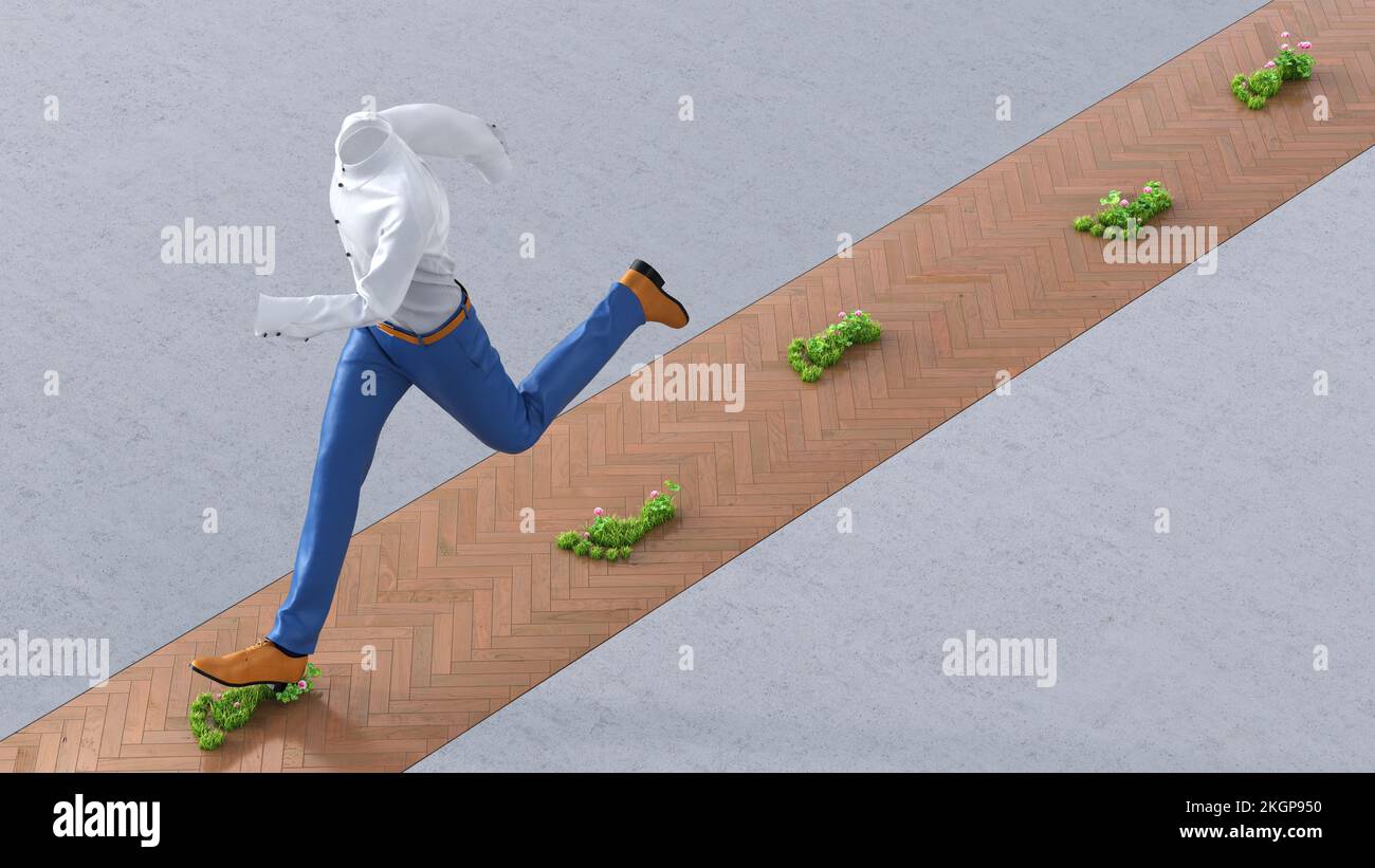 Invisible person running on plant shaped footprints stretching along ...