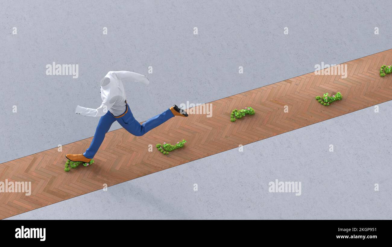 Invisible person running on plant shaped footprints stretching along ...