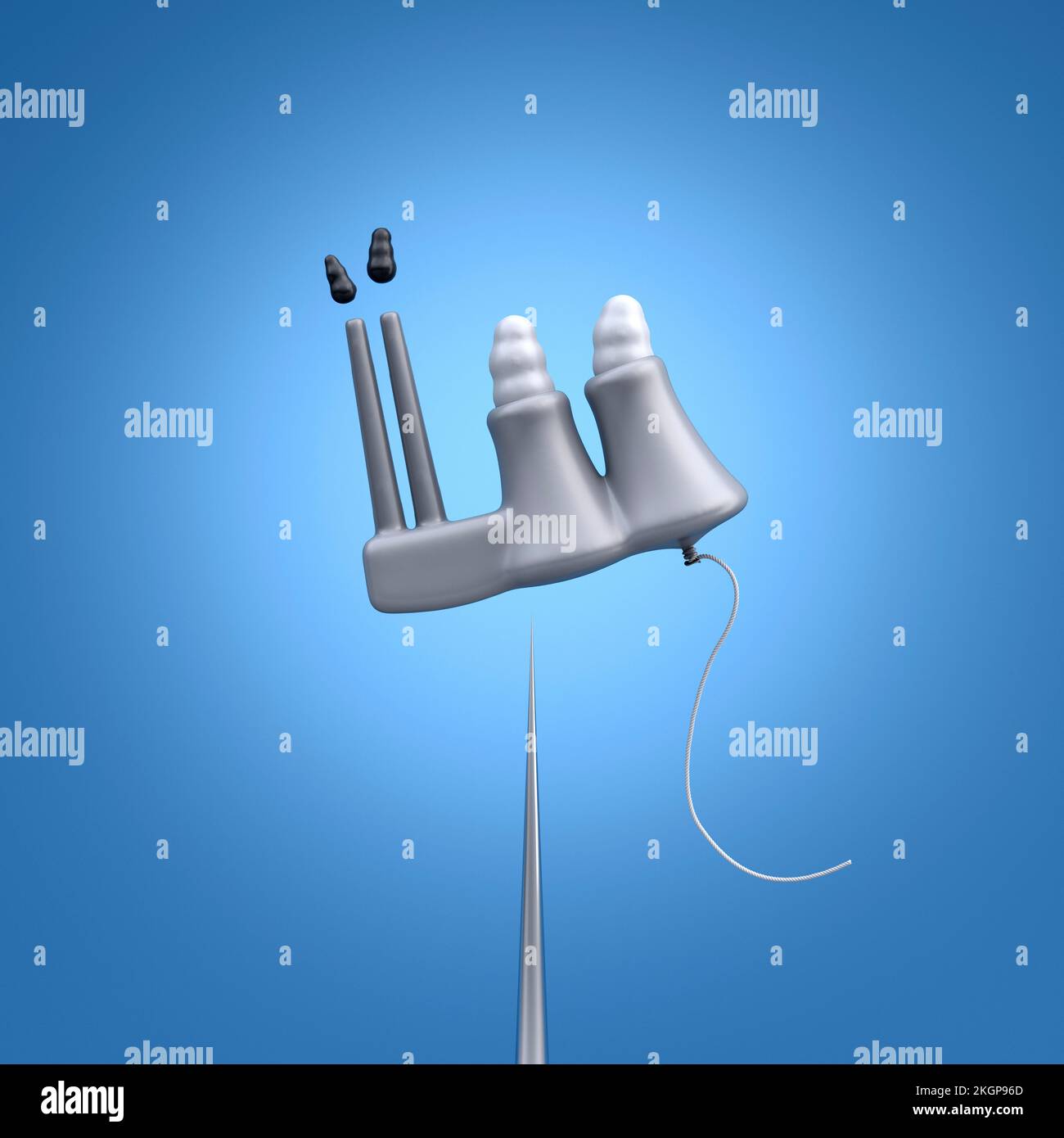 Needle aimed at coal-fired power station balloon floating against blue ...