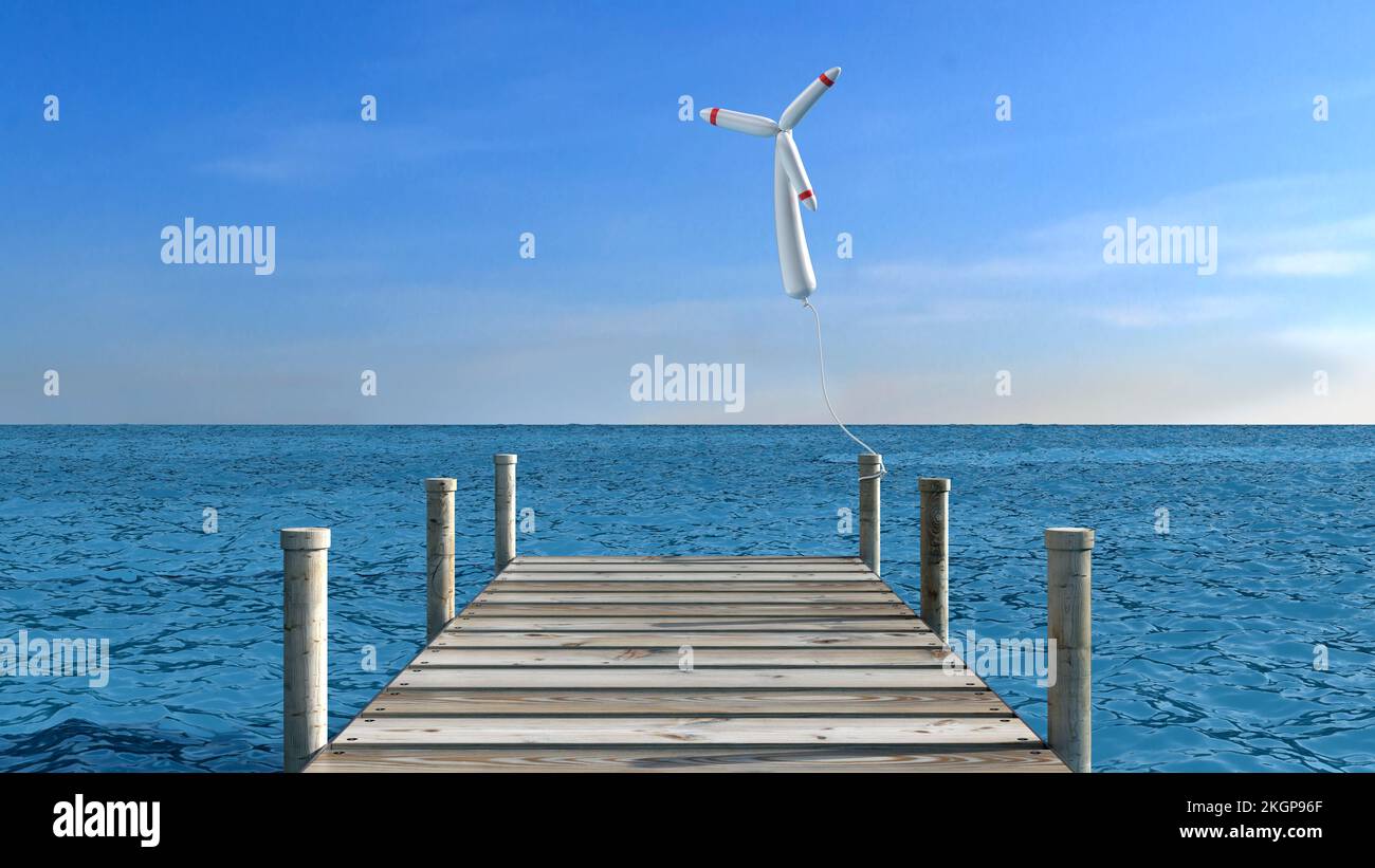Wind turbine shaped balloon tied to wooden jetty Stock Photo - Alamy