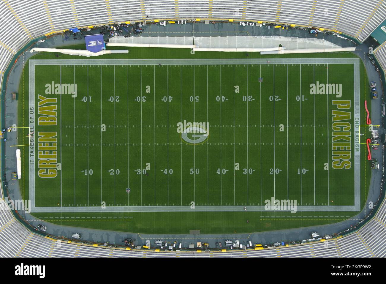 A general overall aerial view of the football field and the Green Bay ...