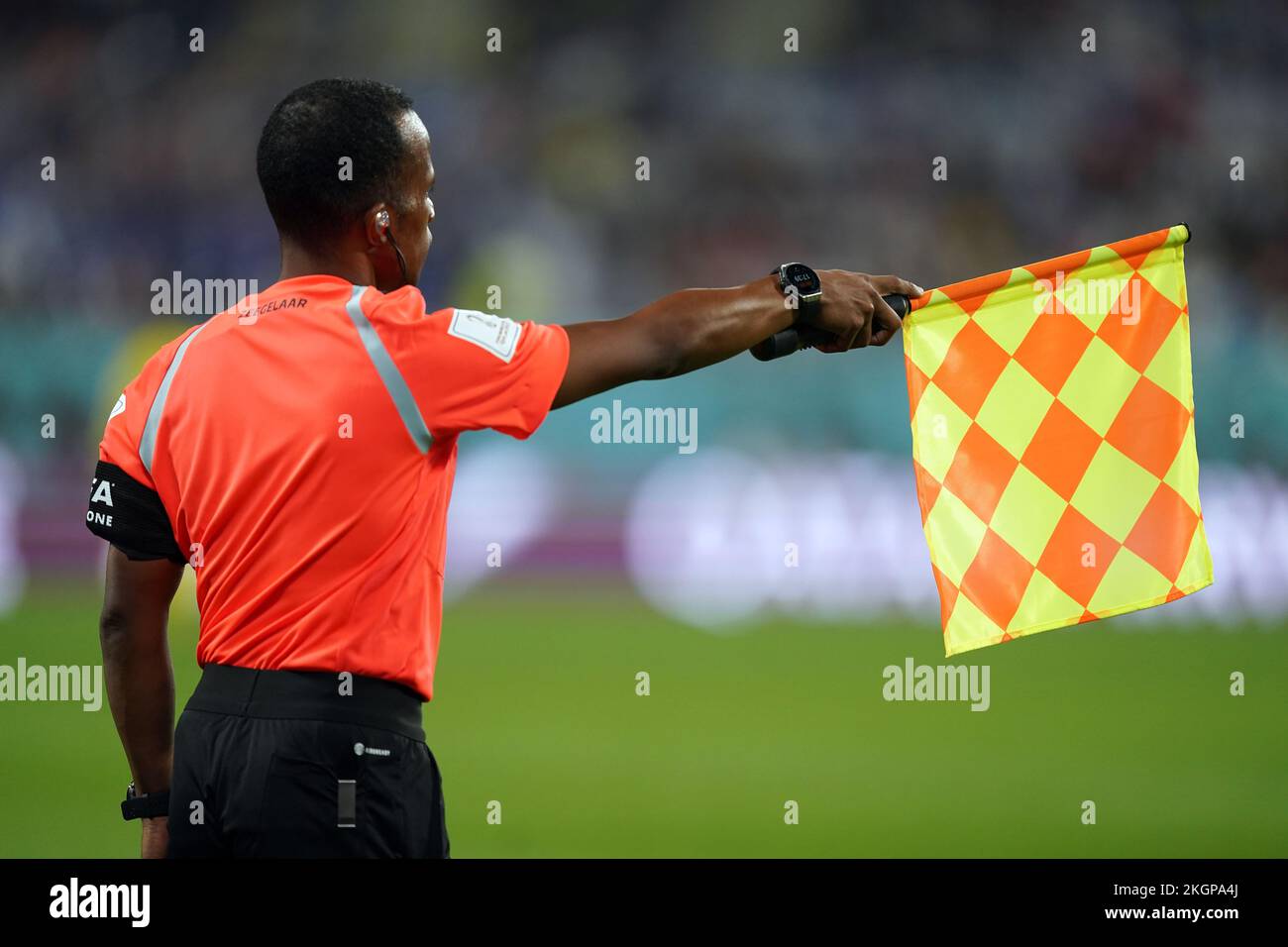 An assistant referee signals offside during the FIFA World Cup Group E ...