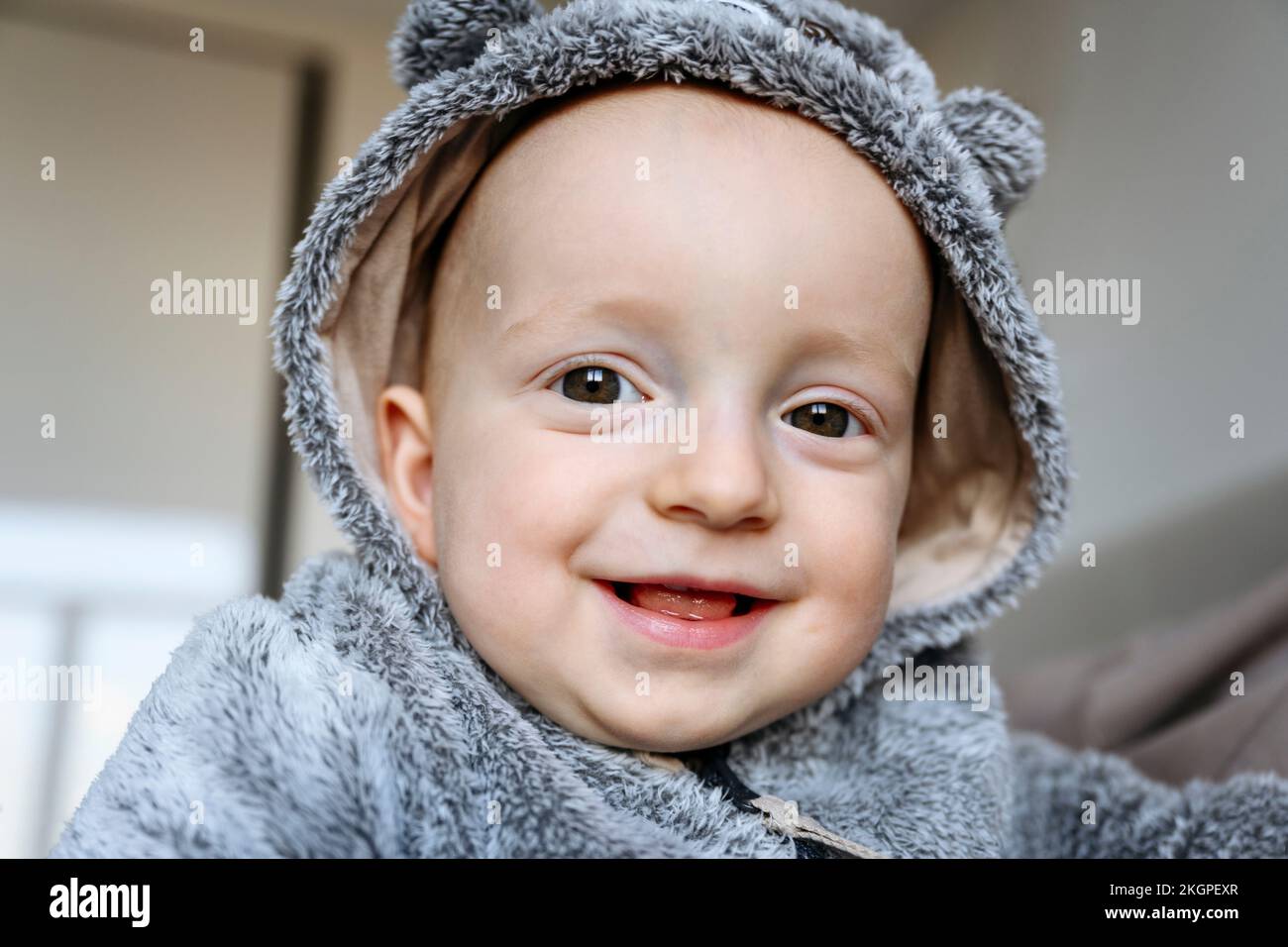 Smiling cute boy wearing gray hood at home Stock Photo - Alamy