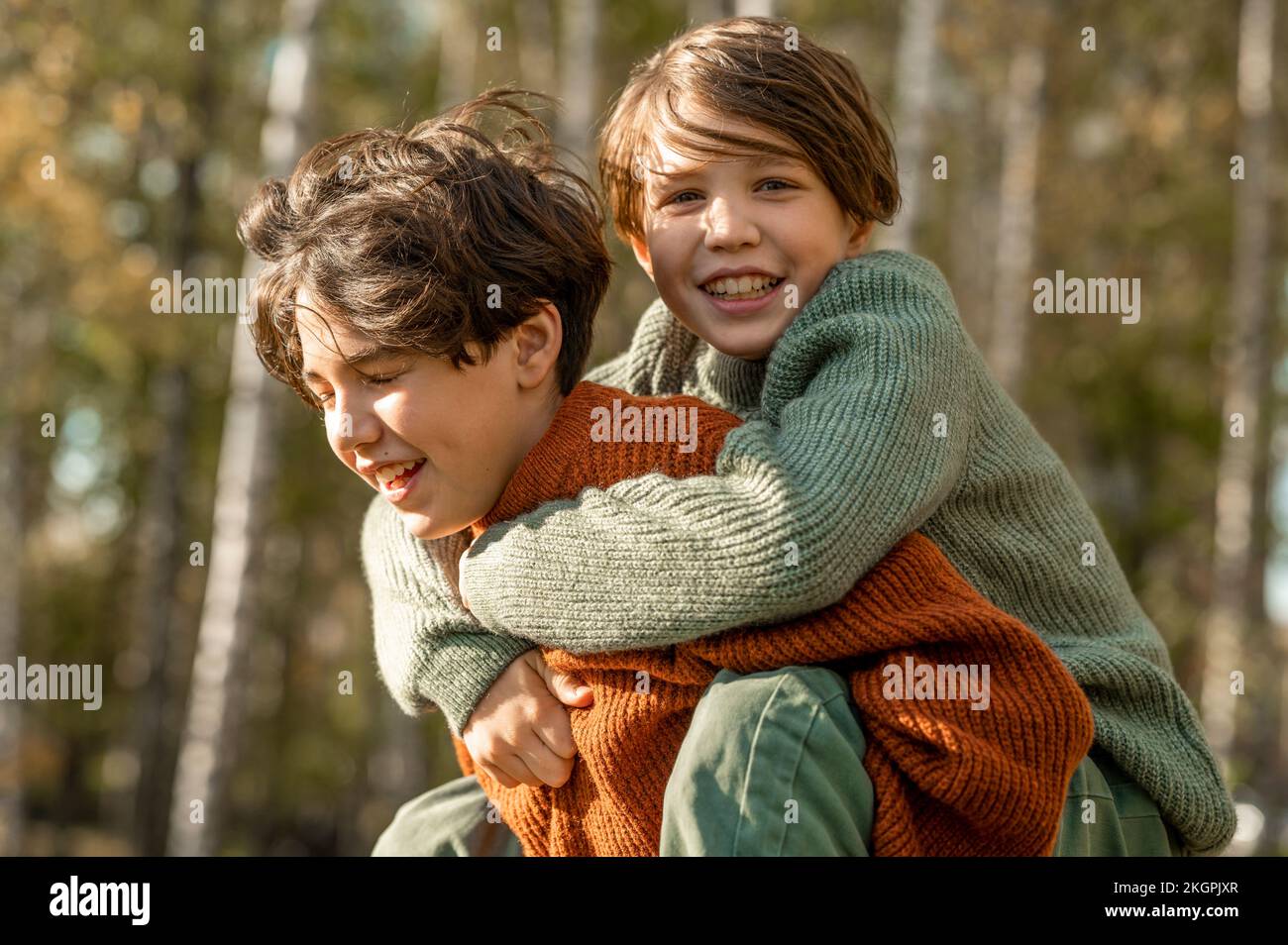 Smiling boy giving piggyback ride to brother in park Stock Photo - Alamy