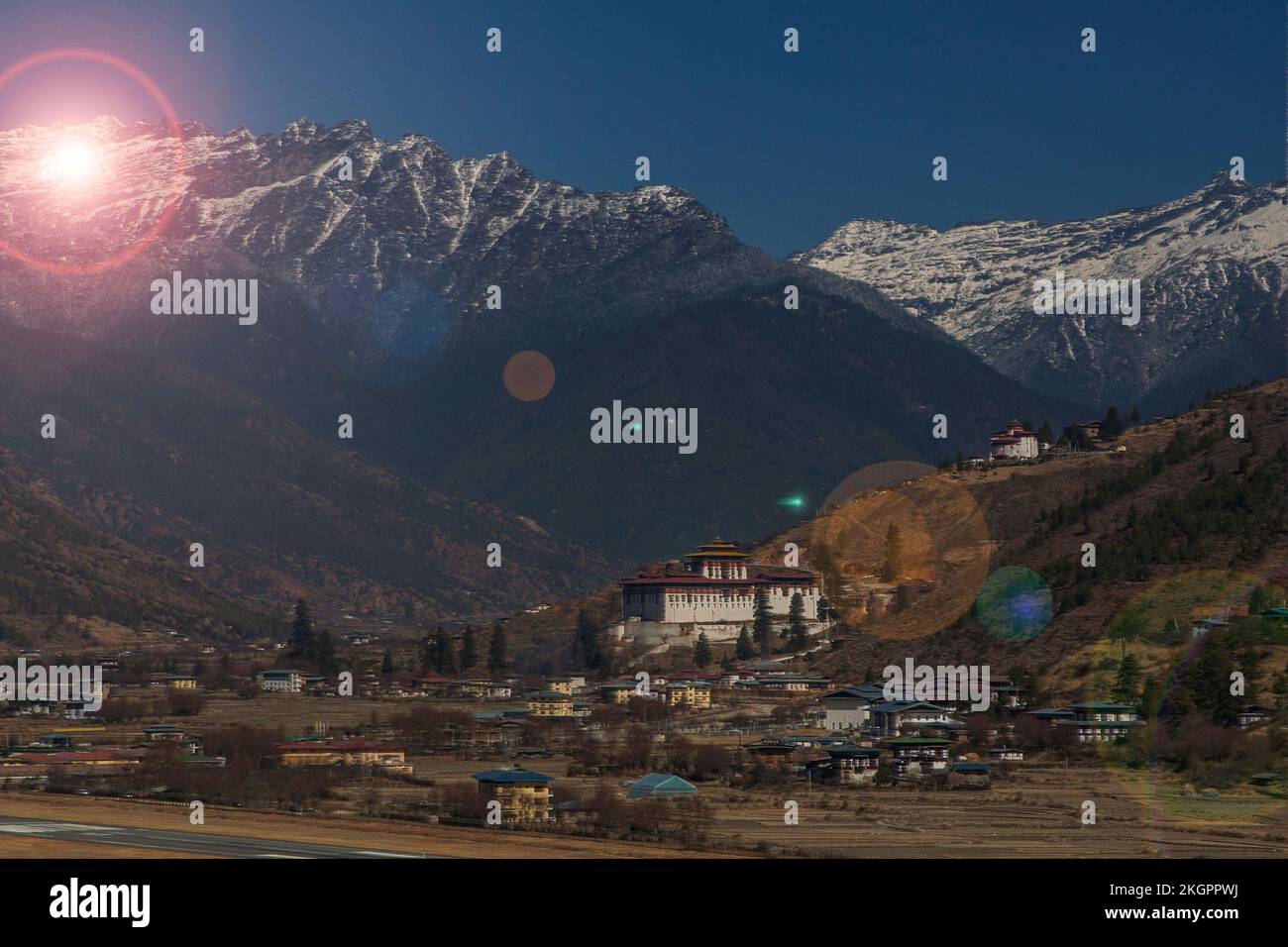 The old Bhutanese temples are in the beautiful valley among Himalaya ...
