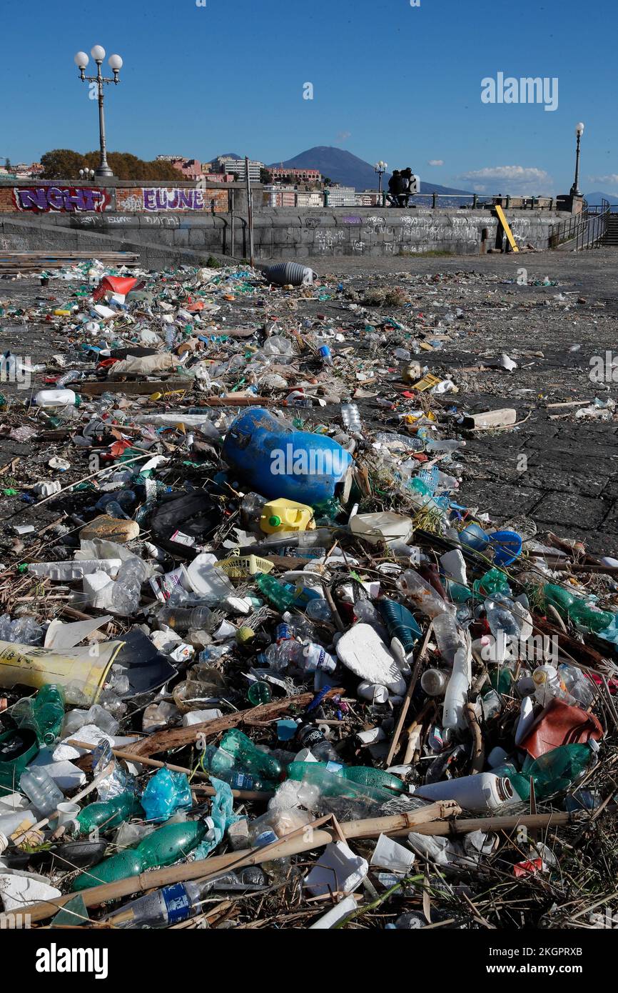 Naples, Italy. 23rd Nov, 2022. Plastic waste and debris carried by the ...
