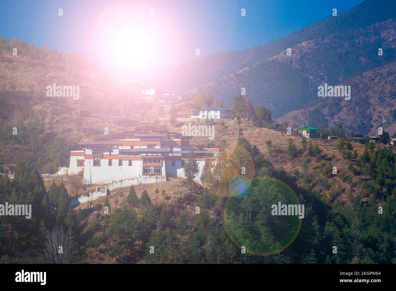 The old Bhutanese temples are in the beautiful valley among Himalaya ...
