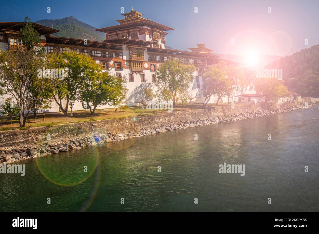 The old Bhutanese temples are in the beautiful valley among Himalaya ...