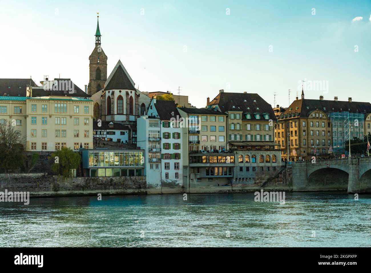 Switzerland, Basel-Stadt, Basel, View of Rhine river and waterfront ...